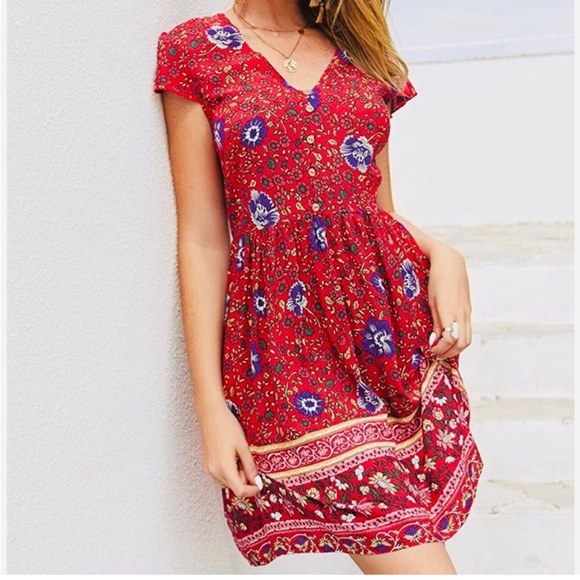 kirundo | Dresses | Nwt Kirundo Red Floral Boho Flutter Sleeve Dress ...